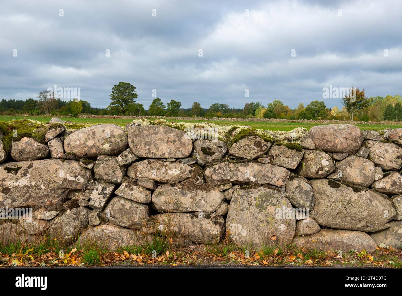 A stone wall along a field, Småland, Sweden Stock Photo - Alamy