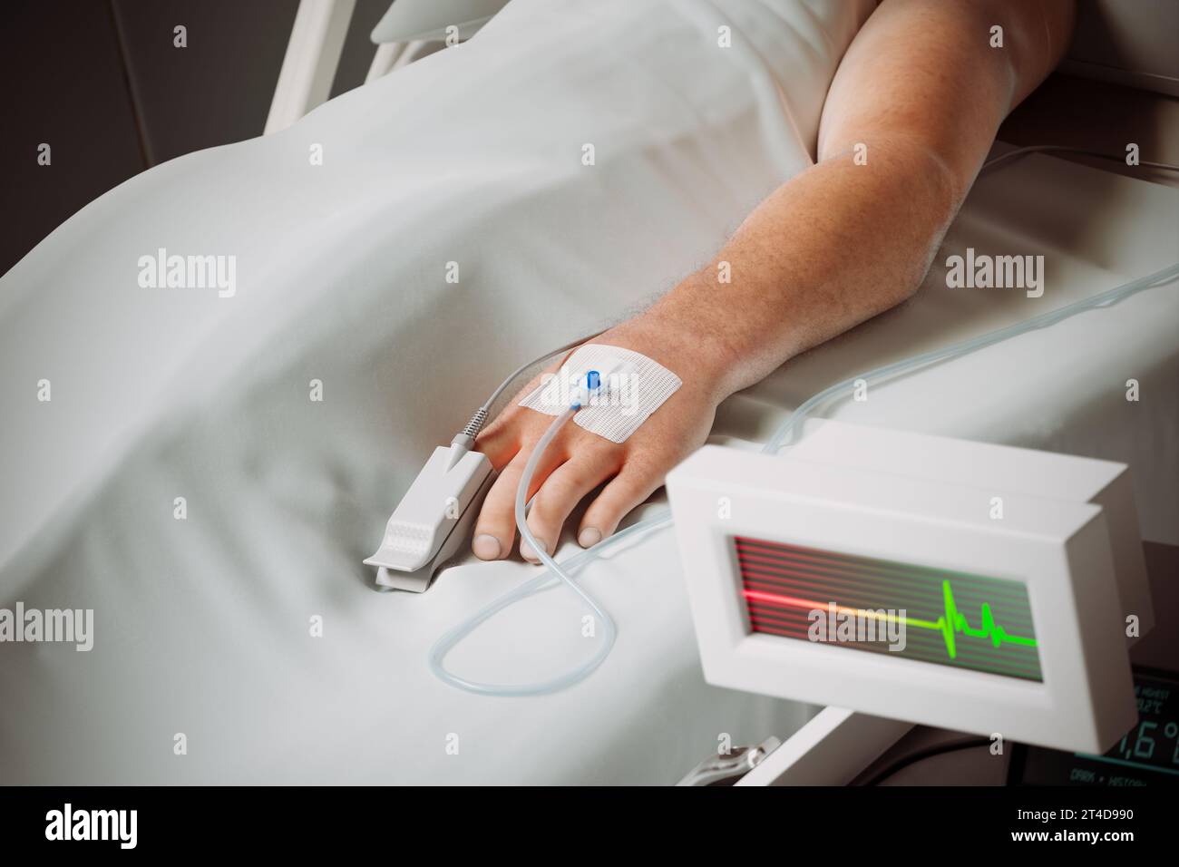 A hospital patient on IV is dying. Pulse is fading. Close up on man's ...