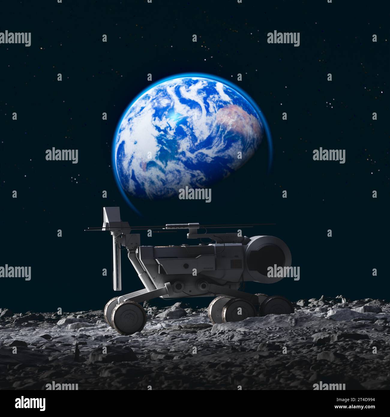 A planetary rover exploring the rugged terrain of the moon. Planet ...