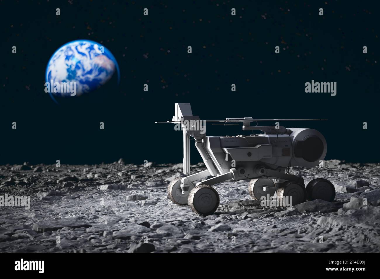 A planetary rover exploring the rugged terrain of the moon. Planet ...