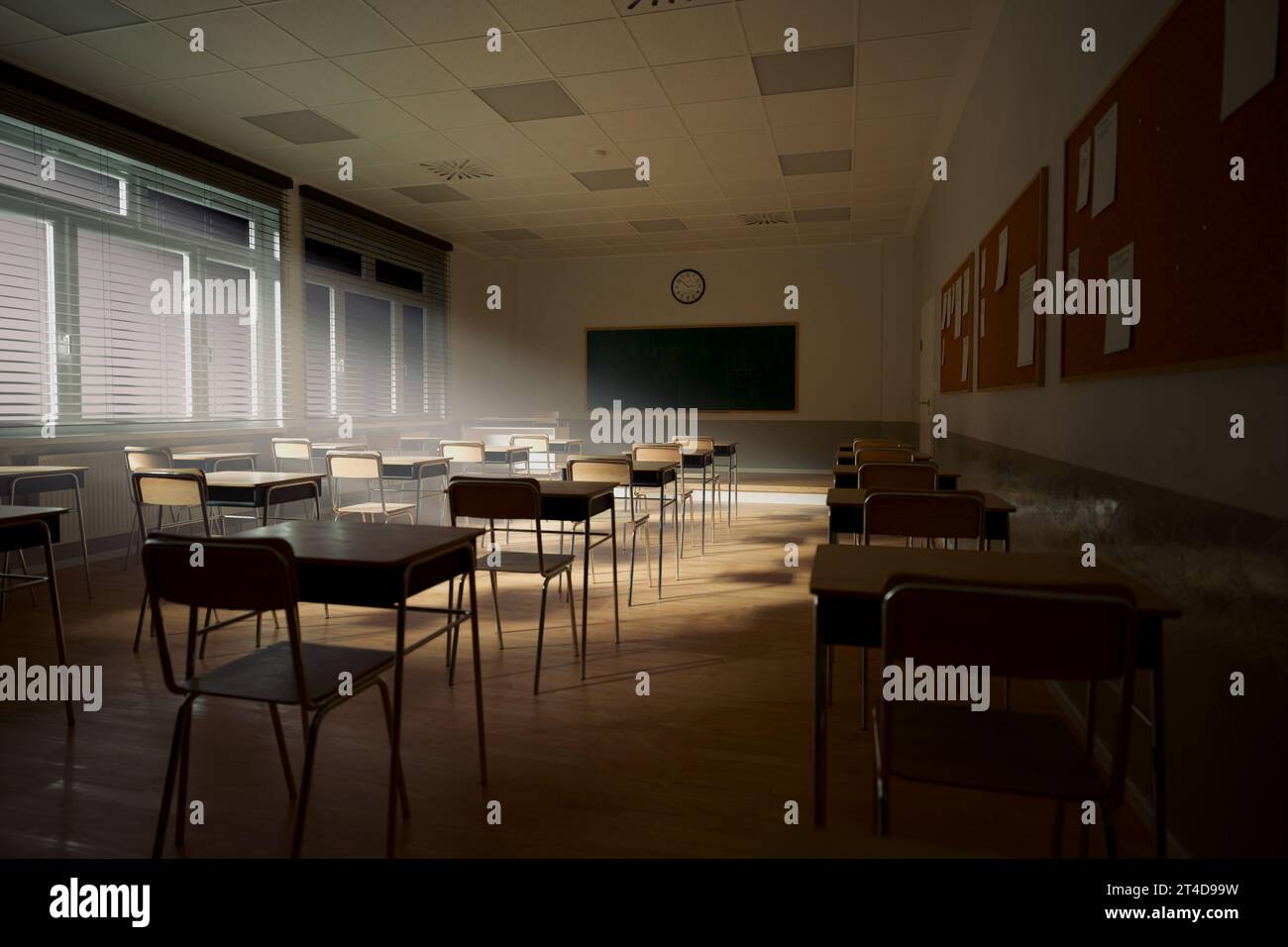 Rays of light falling to the empty dark classroom. Teaching class ...