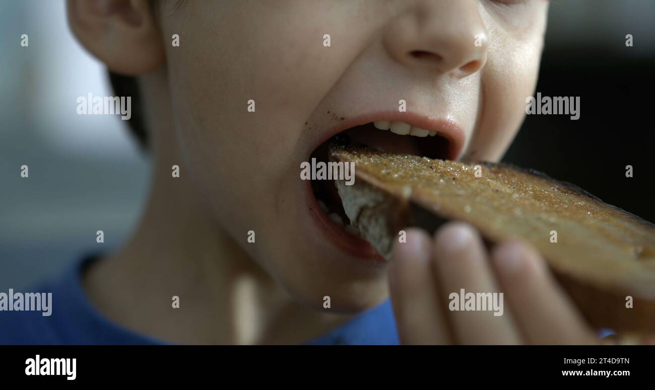 Little boy eating toast bread, close-up child mouth takes a bite of ...