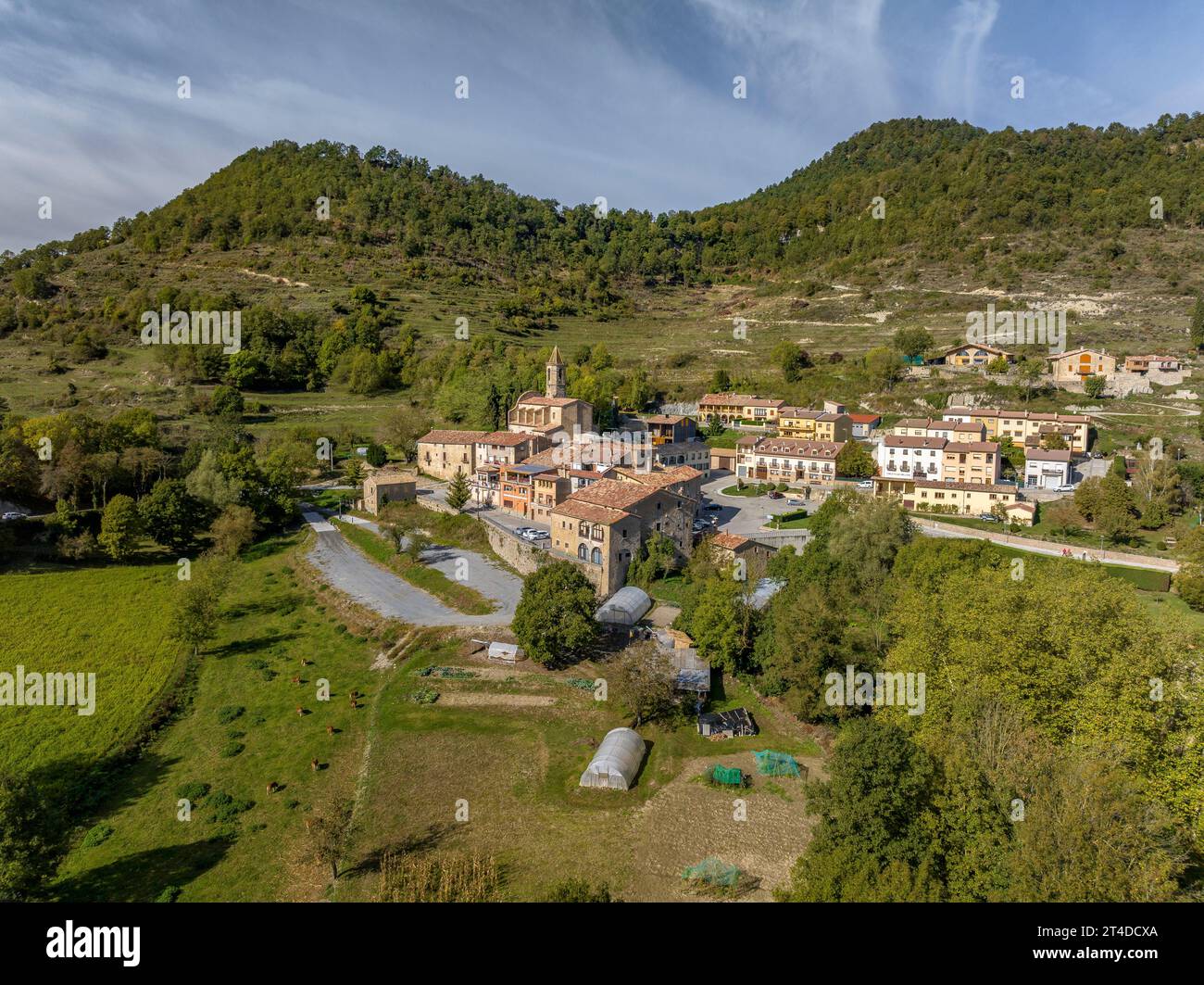 Aerial view of the village of Vidrà on an autumn morning (Osona ...