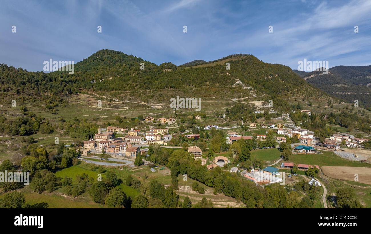 Aerial view of the village of Vidrà on an autumn morning (Osona ...