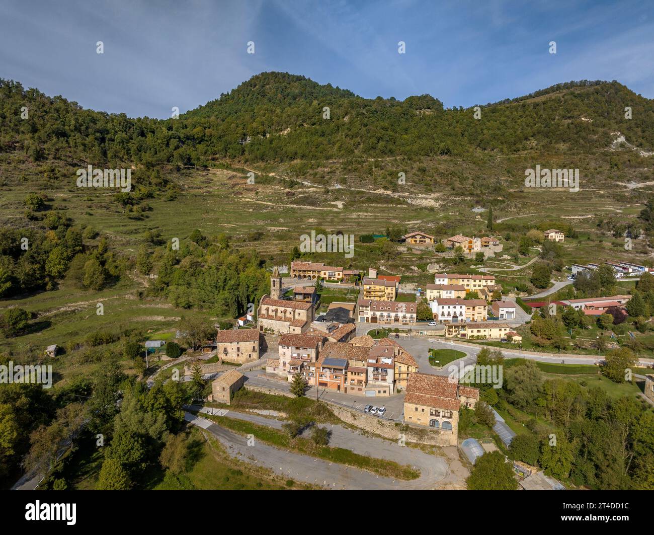 Aerial view of the village of Vidrà on an autumn morning (Osona ...