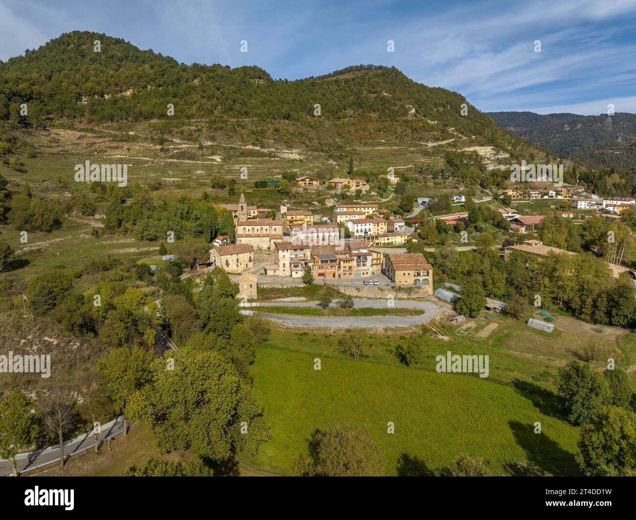 Aerial view of the village of Vidrà on an autumn morning (Osona ...