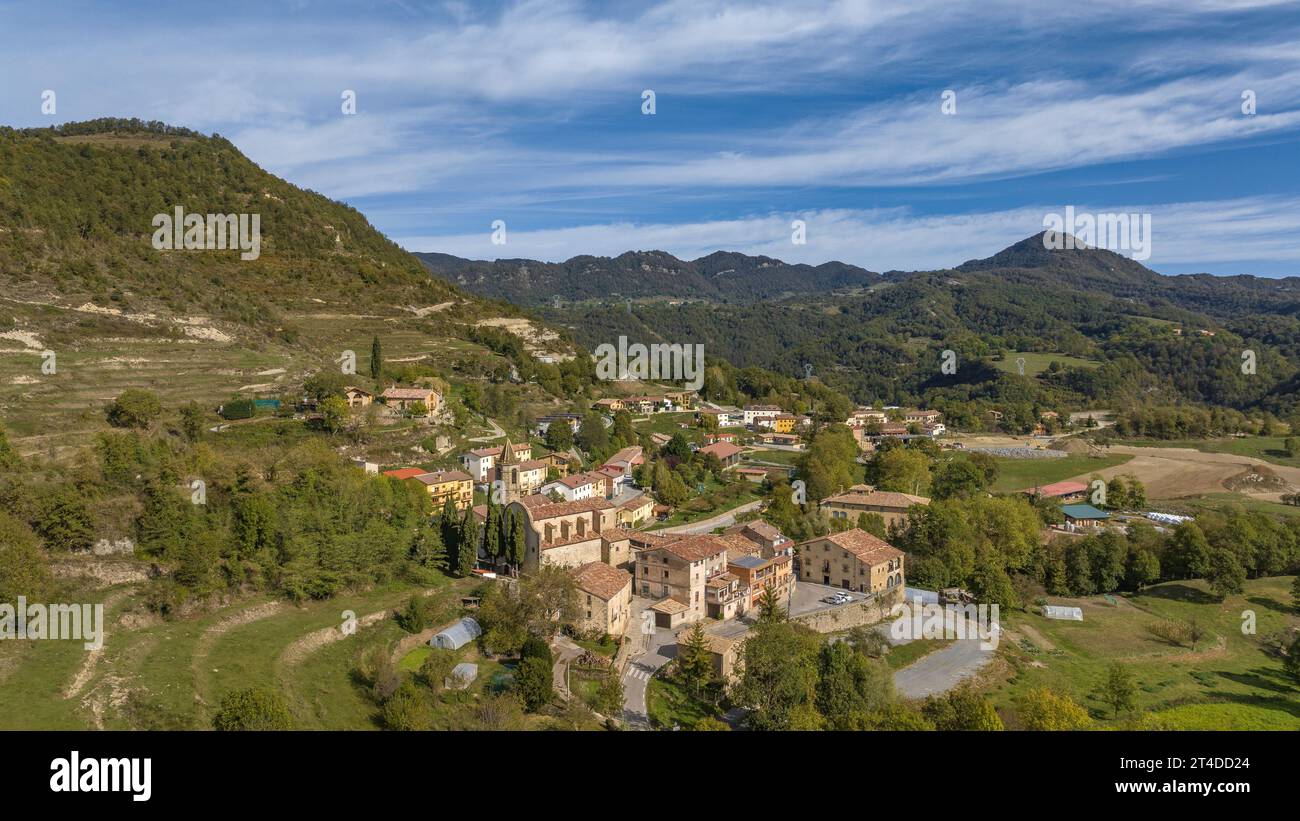 Aerial view of the village of Vidrà on an autumn morning (Osona ...