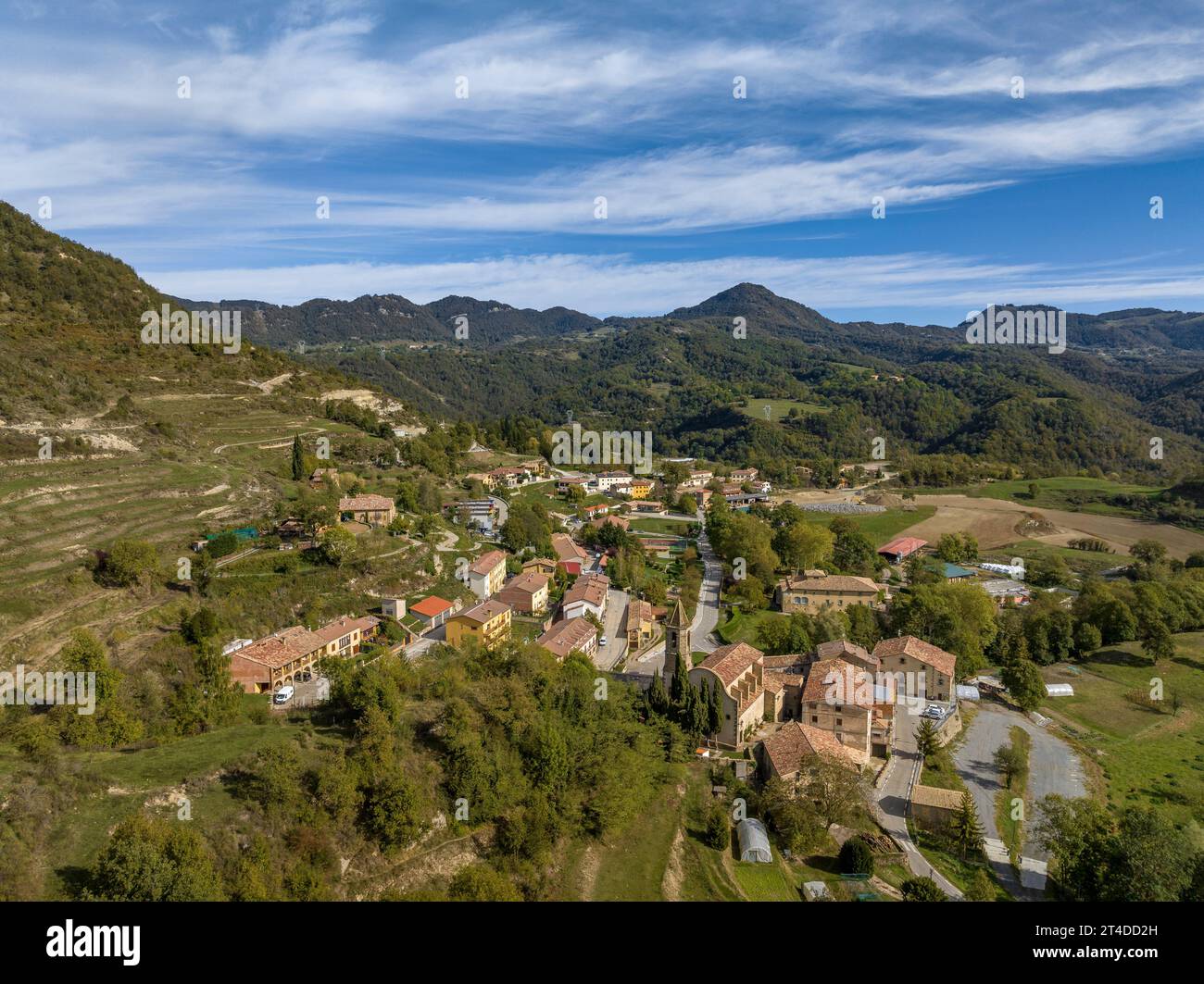Aerial view of the village of Vidrà on an autumn morning (Osona ...