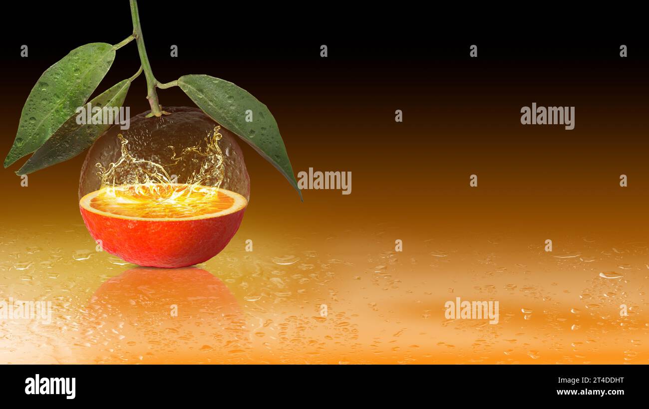 Citrus fruit with transparent part and juice splash inside on wet ...