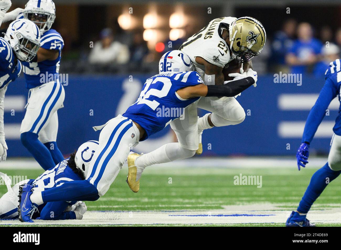 Indianapolis Colts safety Julian Blackmon (32) tackles New Orleans Saints running back Jamaal ...