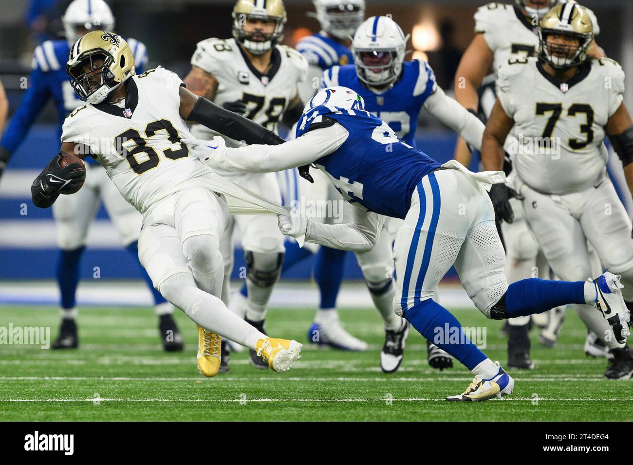 Indianapolis Colts linebacker Zaire Franklin (44) tackles New Orleans Saints tight end Juwan ...