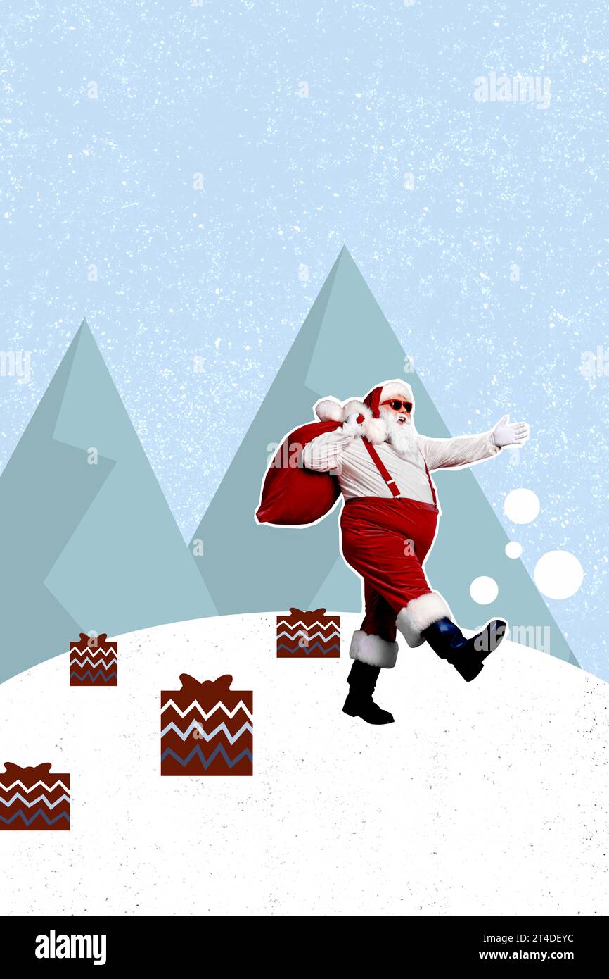Vertical collage image of excited grandfather santa carry christmas ...