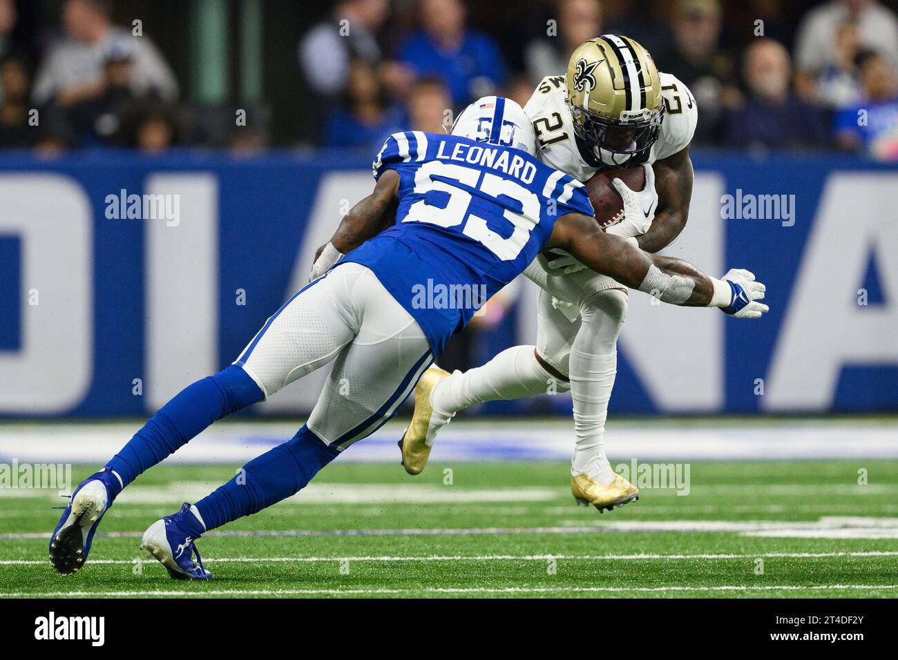 Indianapolis Colts linebacker Shaquille Leonard (53) tackles New Orleans Saints running back ...