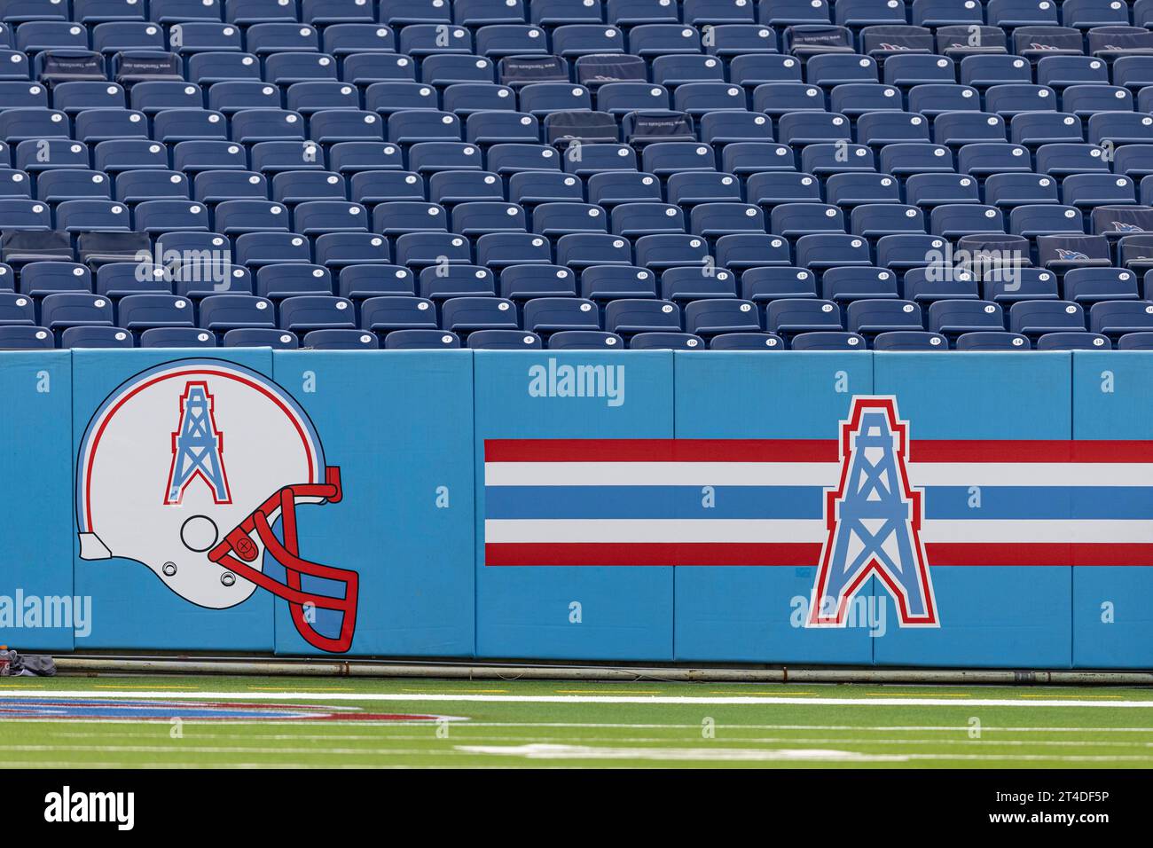 Houston Oilers logos cover pads at Nissan Stadium before an NFL ...
