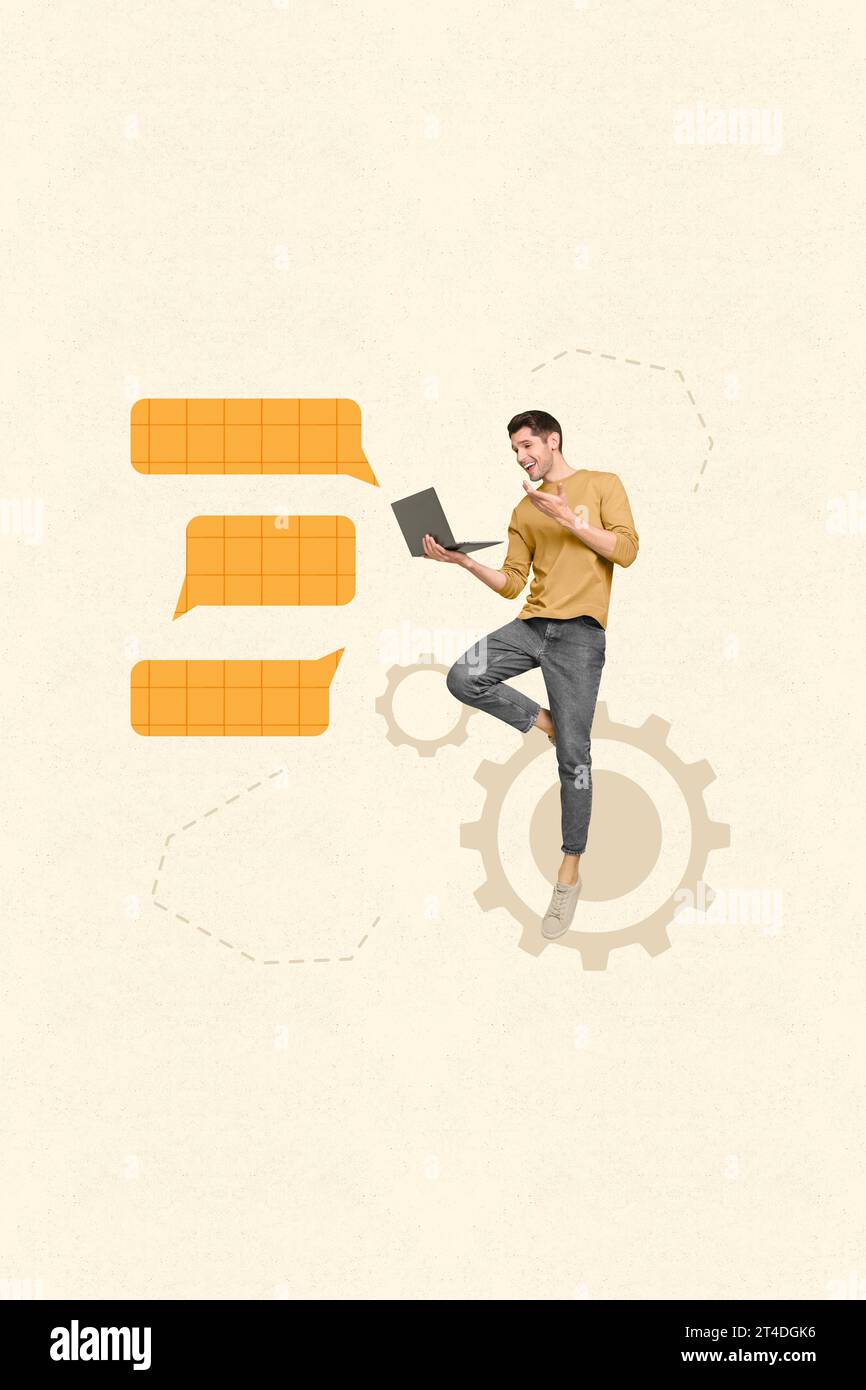 Collage creative poster of happy handsome man use modern netbook ...