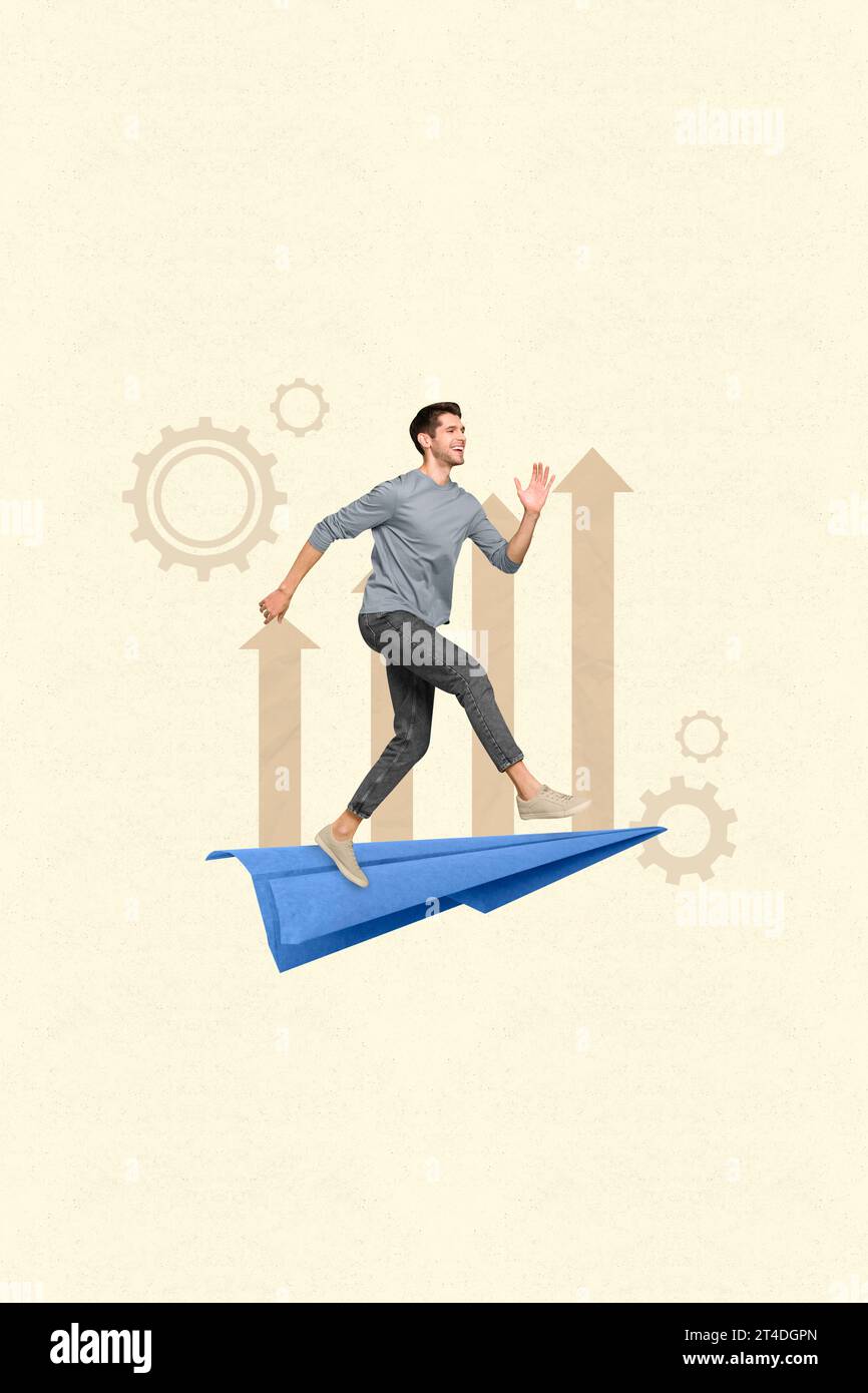 Magazine collage image of funky cheerful guy flying air paper plane ...