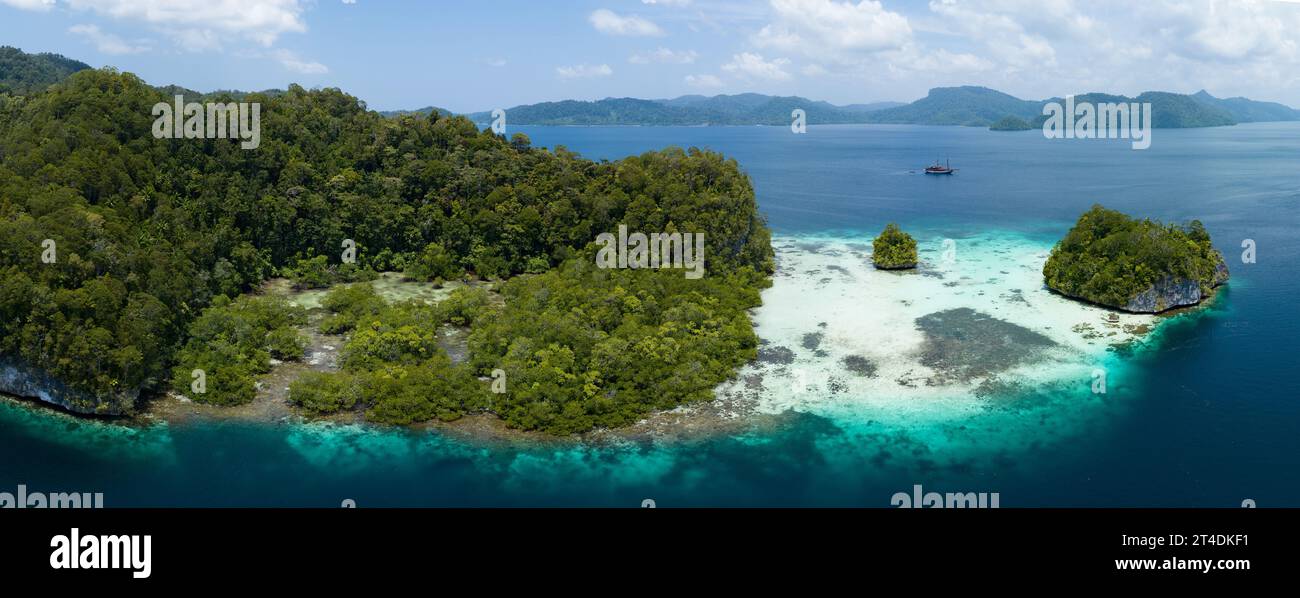 Limestone islands, covered by rainforest, are fringed by coral reefs in ...