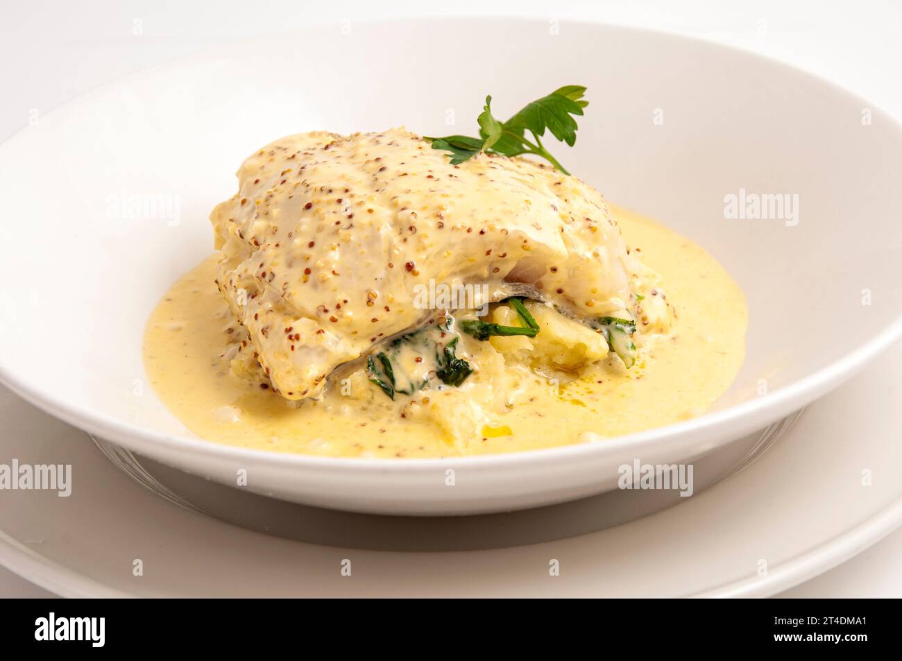 White fish in a creamy mustard sauce with mashed potoato Stock Photo ...