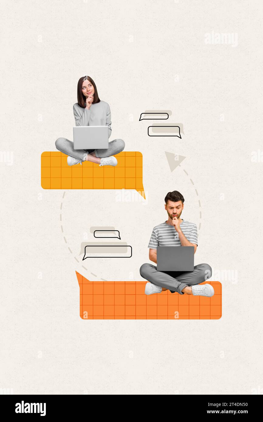 Vertical creative composite photo collage of colleagues sit with laptop ...