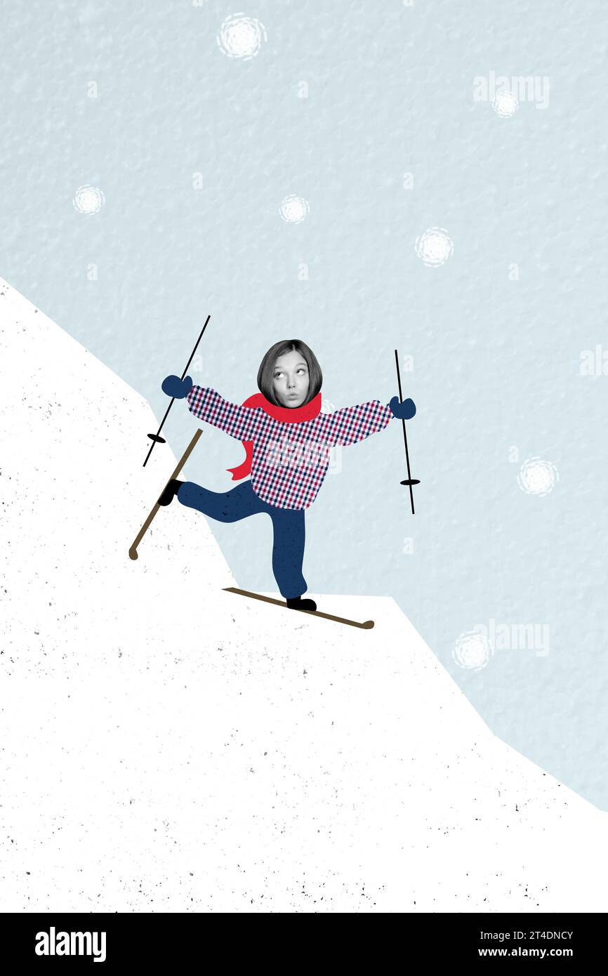 Vertical collage picture of carefree black white colors girl skiing ...