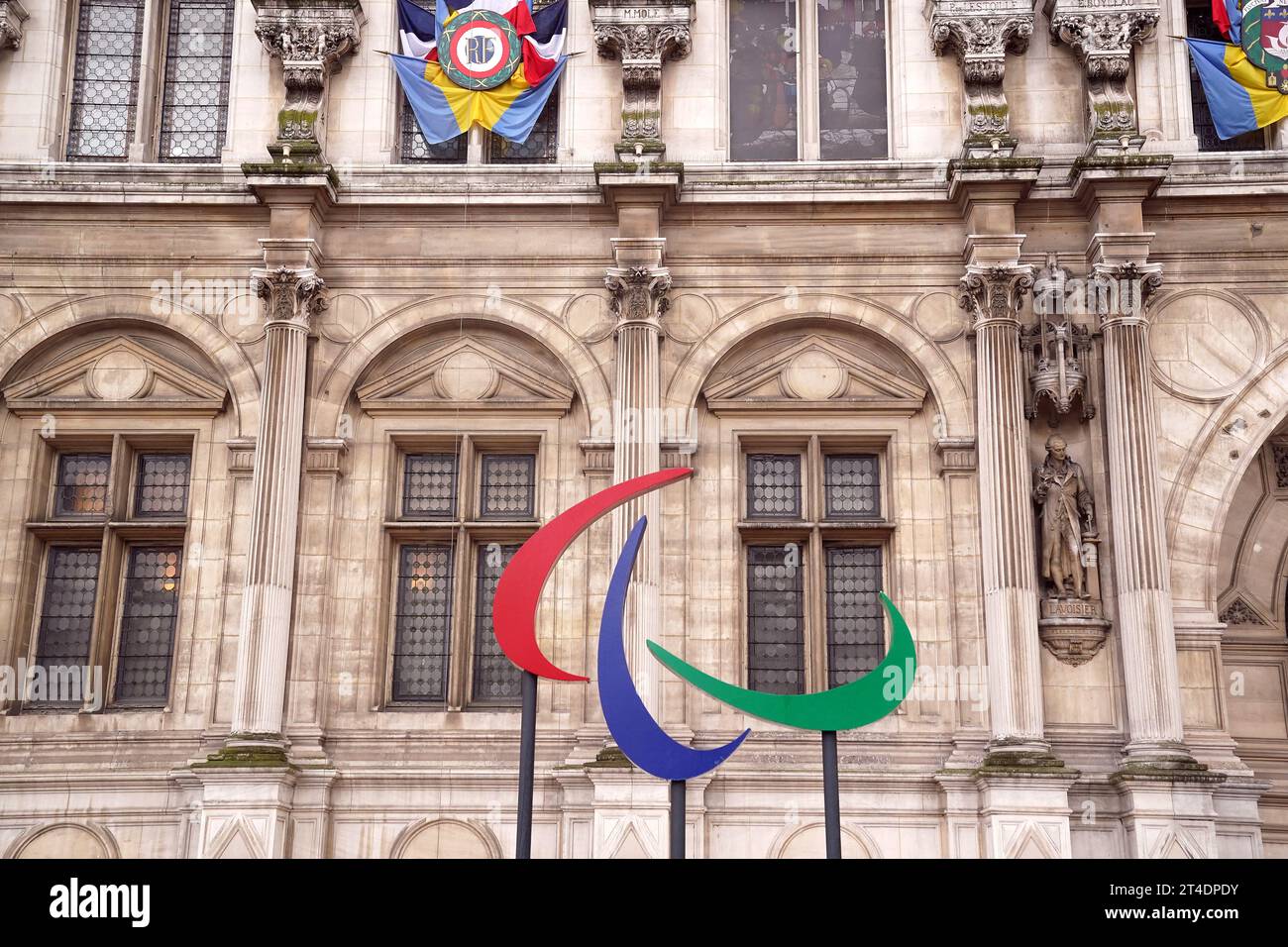 The Paralympic symbol (Agitos logo) outside the Hotel de Ville in Paris ...