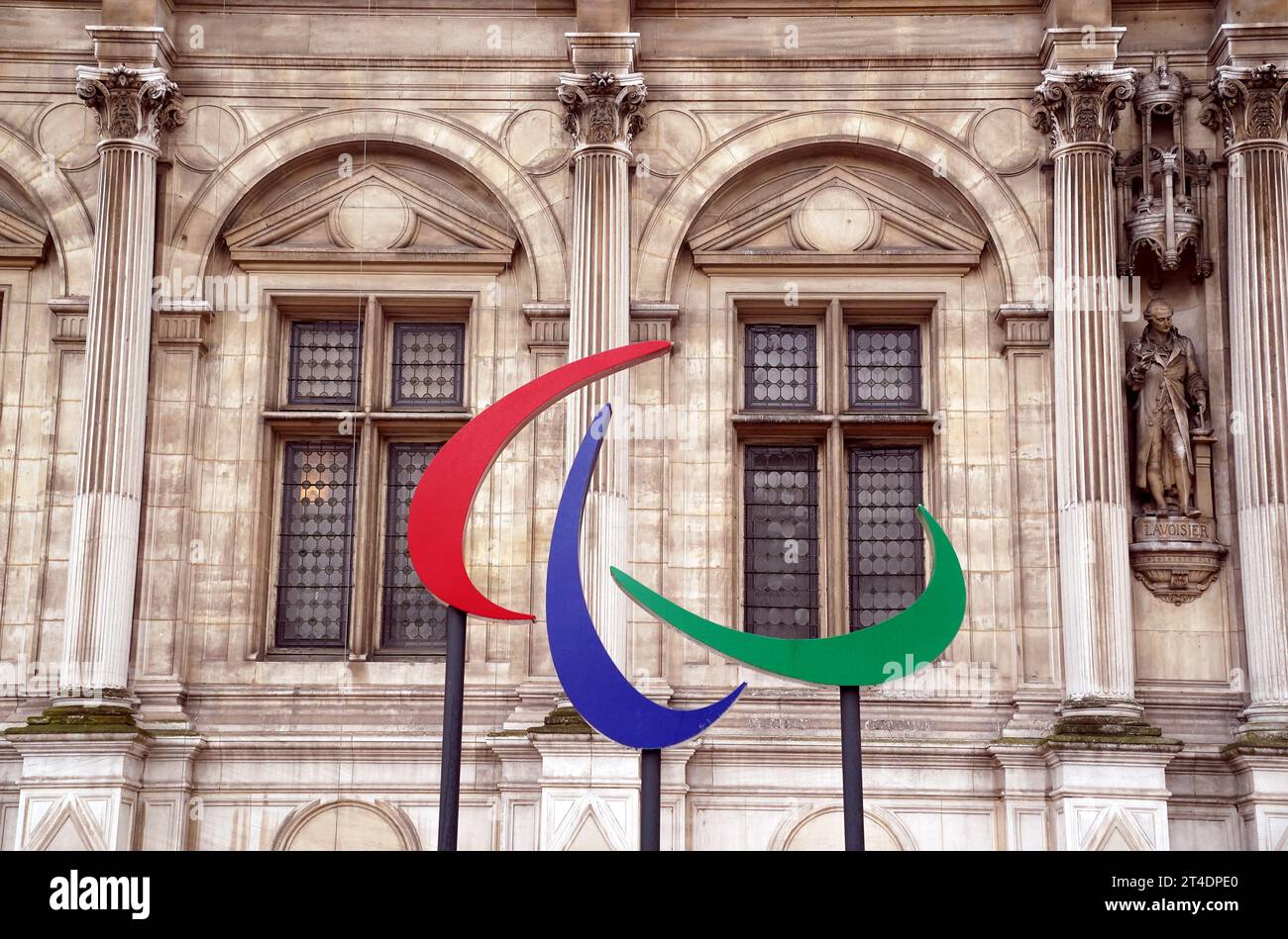 The Paralympic symbol (Agitos logo) outside the Hotel de Ville in Paris ...