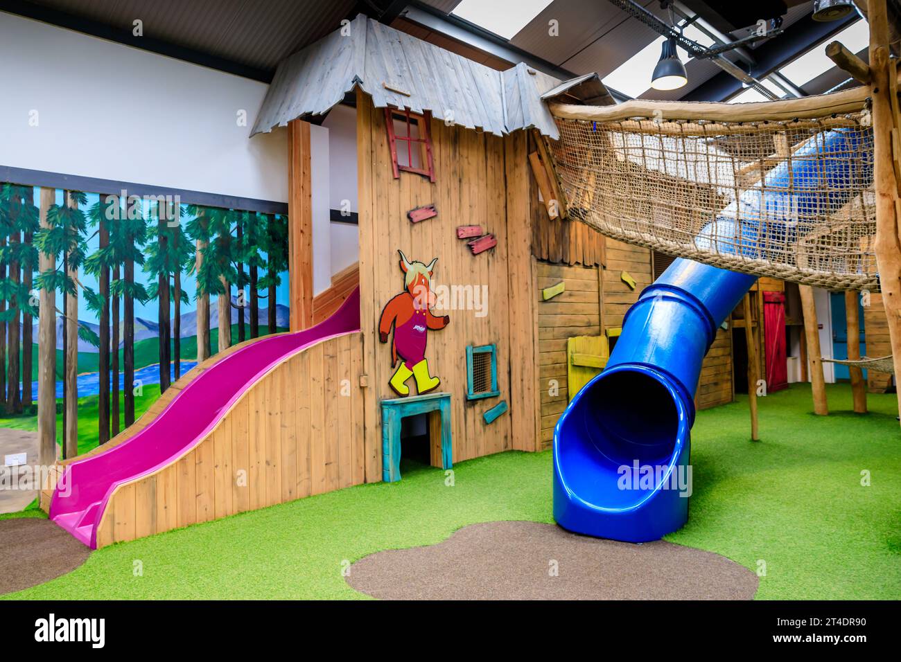 Pink and blue slide, rope bridge and other indoor wooden play equipment ...
