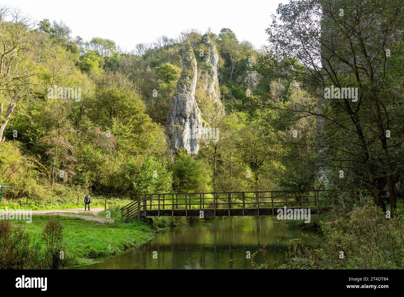 Ilam Rock and footbridge over the River Dove, Dovedale Peak District ...