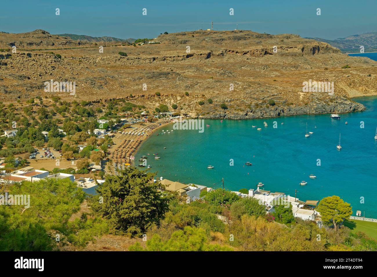 Lindos bay on the south coast of Rhodes island in Greece Stock Photo ...