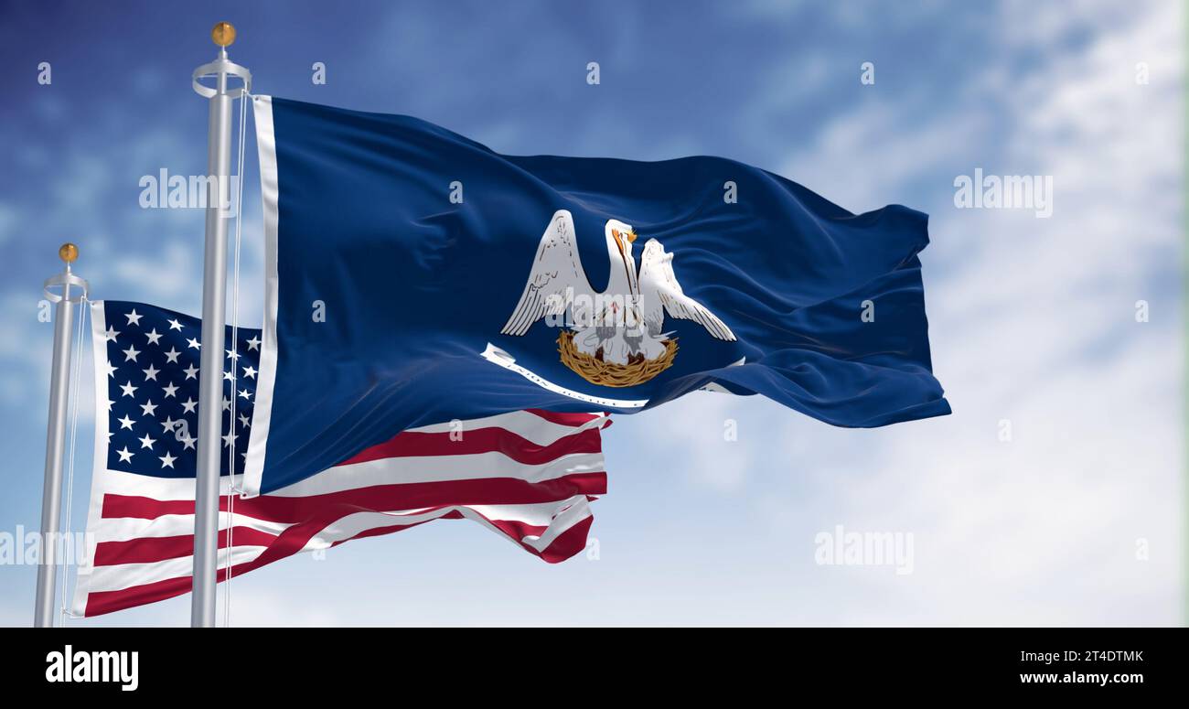 Louisiana state flag waving in the wind with the American flag. State ...