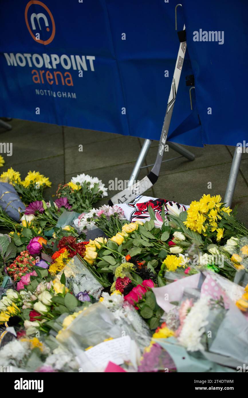 A memorial for Ice Hockey player Adam Johnson outside the Motorpoint ...