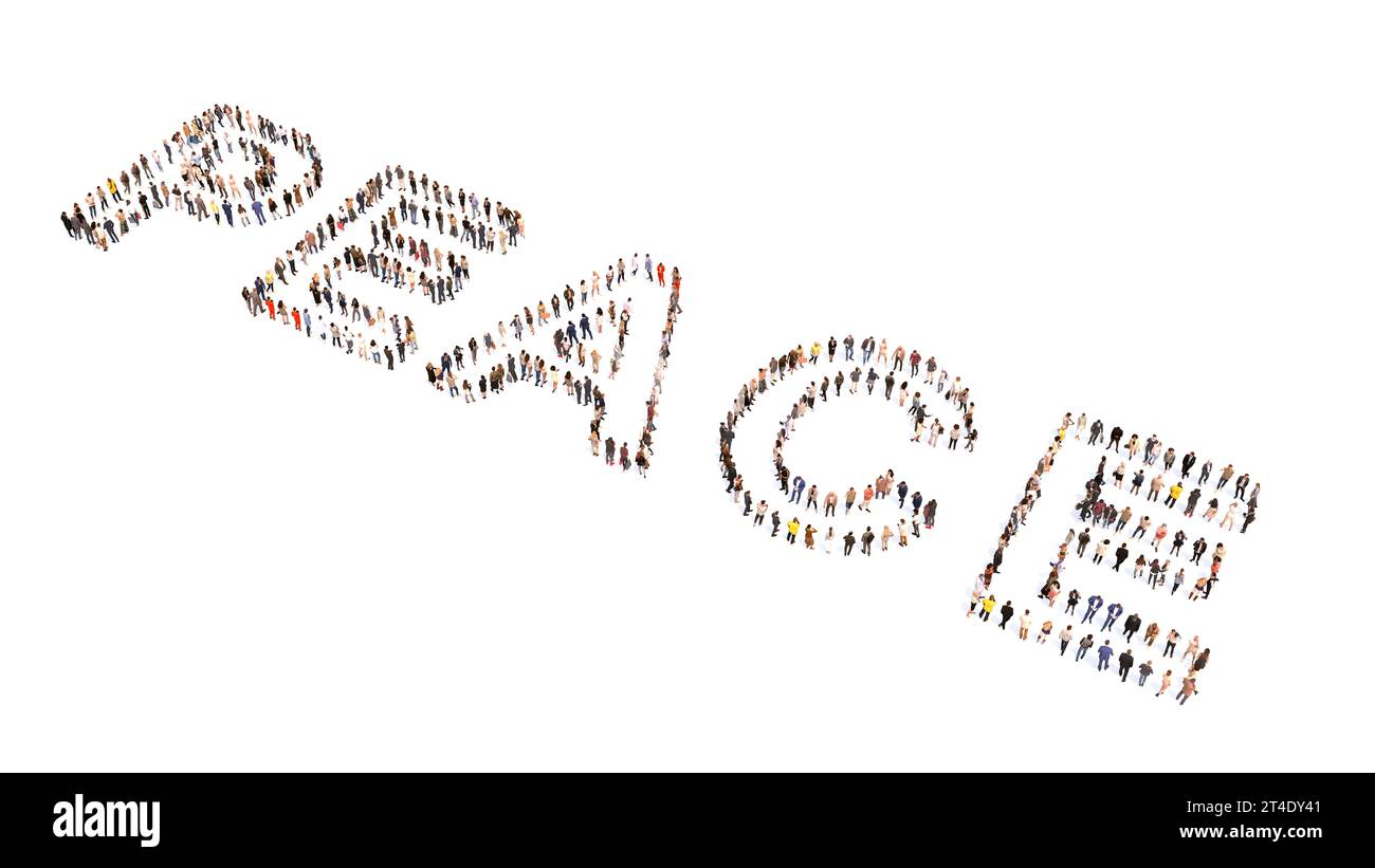 Concept conceptual large community of people forming the PEACE word. 3d ...
