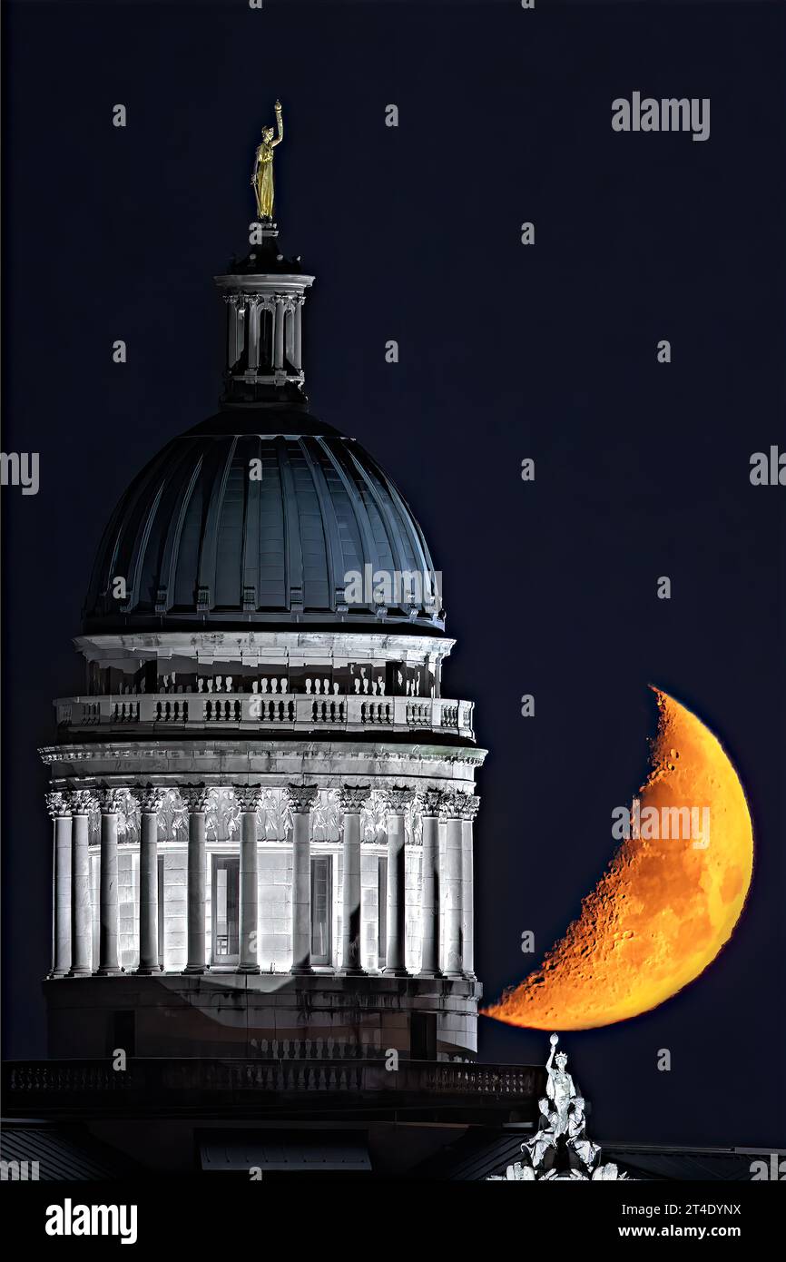 Bergen Courthouse Moon V- The waxing crescent moon is seen next to the ...