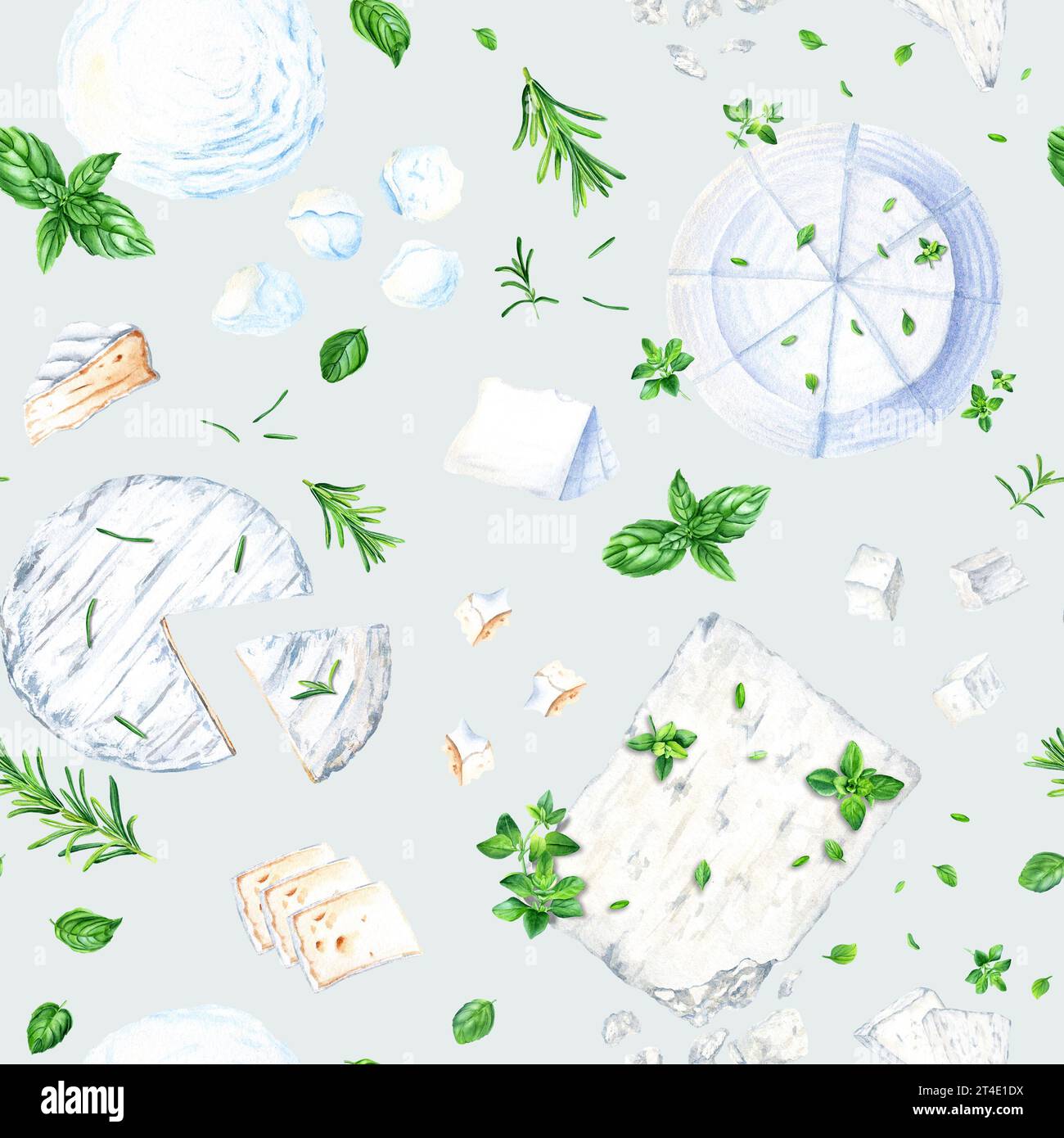 Seamless pattern with mozzarella feta ricotta and camembert cheese and ...