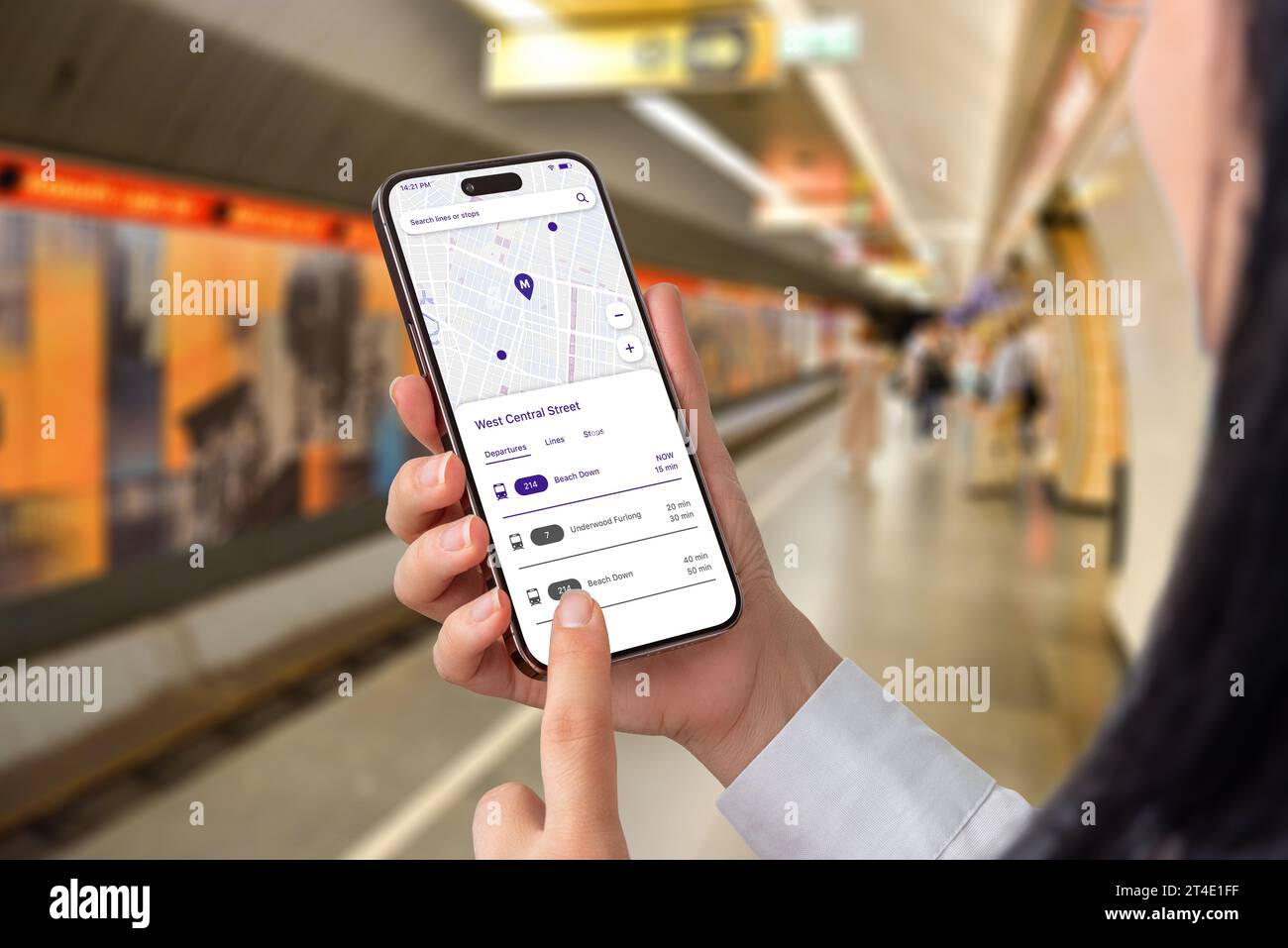 Metro public transport app with map and departures on smart phone in ...