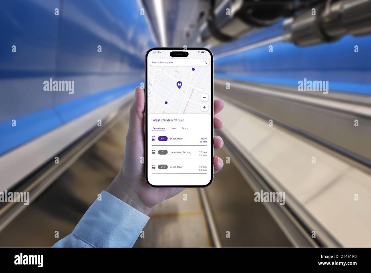 Using the subway app on a mobile phone. A girl is holding a phone while ...