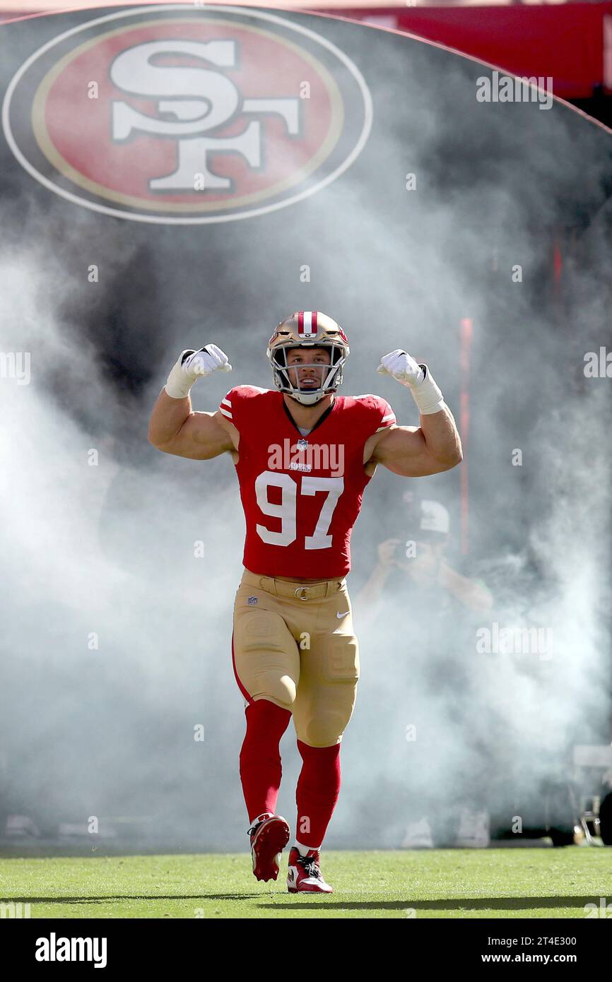 San Francisco 49ers defensive end Nick Bosa (97) runs onto the field ...