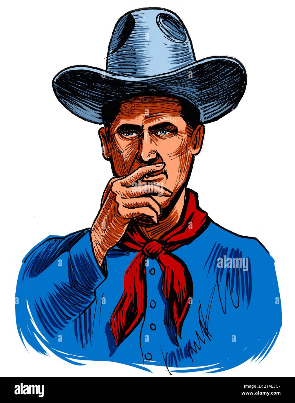 American cowboy character. Hand-drawn ink on paper and hand colored on ...