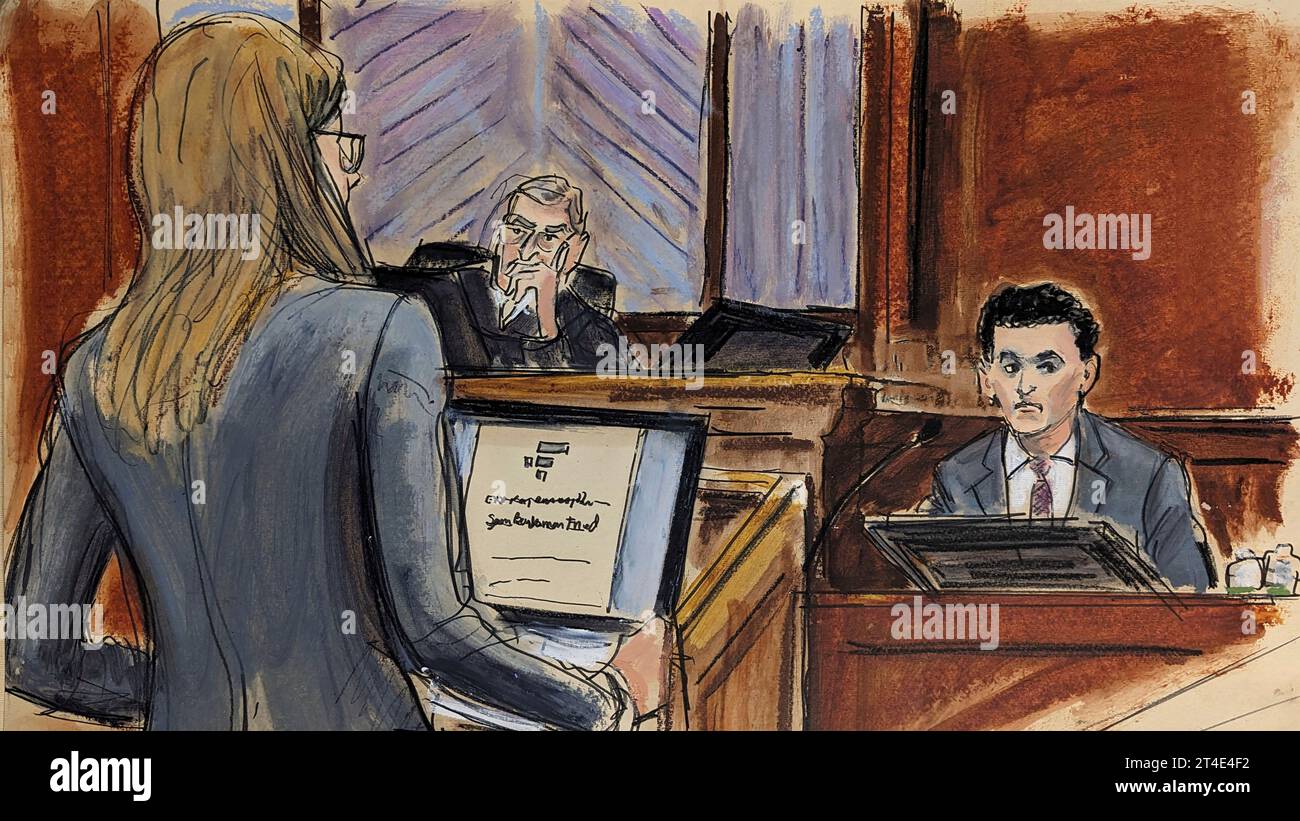 In this courtroom sketch, FTX founder Sam Bankman-Fried, right, is ...