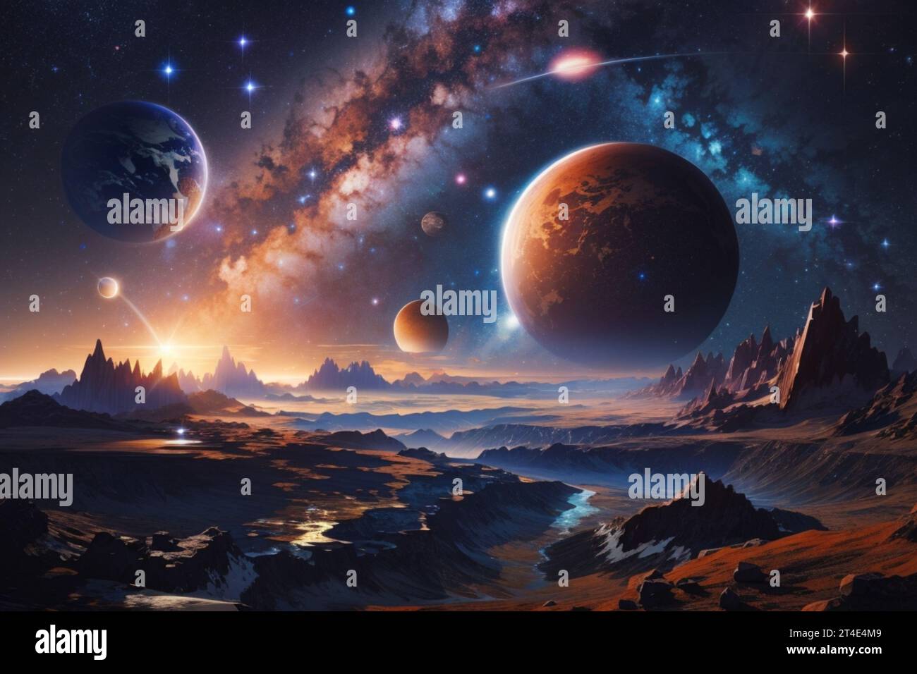 A dramatic image of an alien planet's horizon, featuring multiple ...