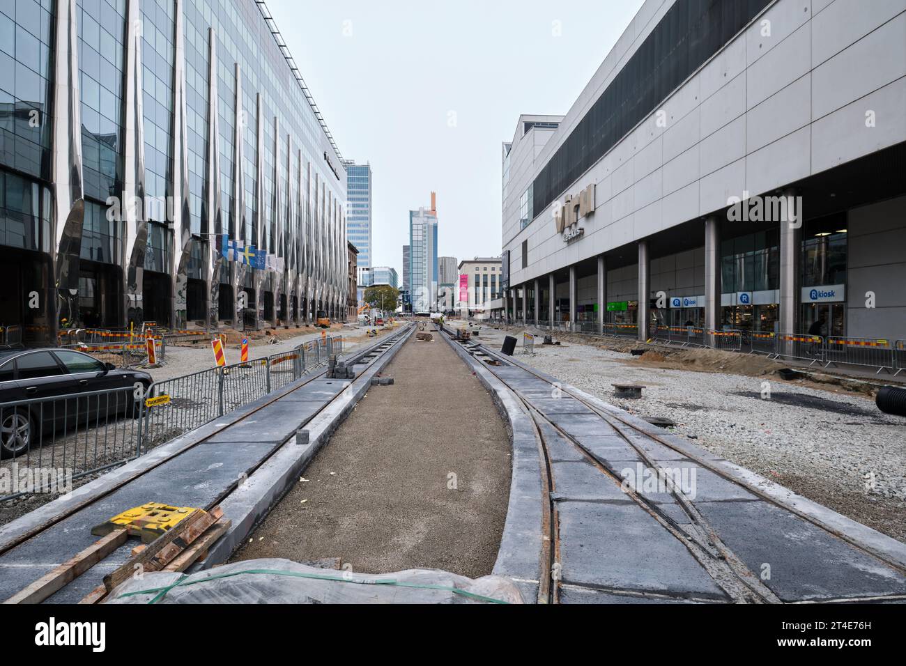 Repair, renovation of tram tracks next to modern buildings in Tallinn ...