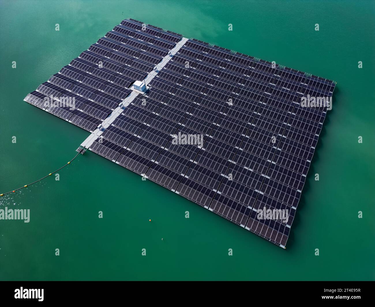Floating solar park with photovoltaic system on the lake as aerial view ...