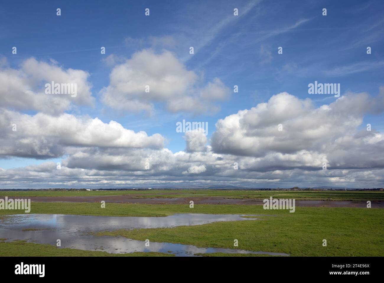 Waterlogged marsh by the River Douglas with a distant view to the ...