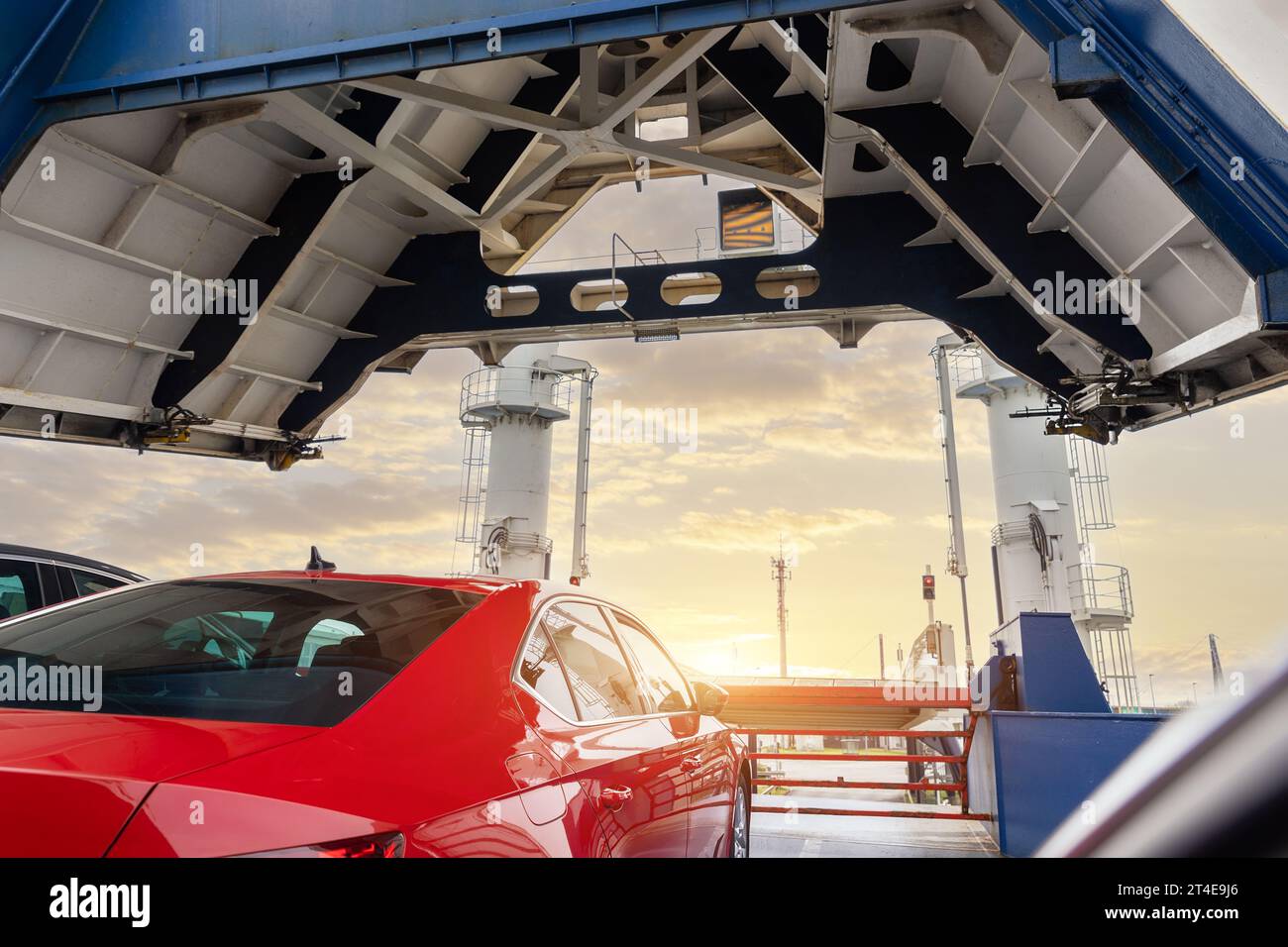 Front open door of passenger freight cargo ferry boat vessel ship with ...