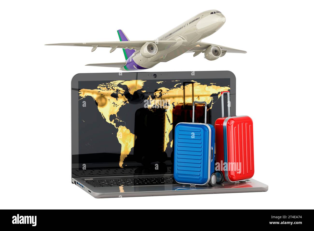 Laptop with airplane and suitcases. Global Air Travel, concept. 3D ...