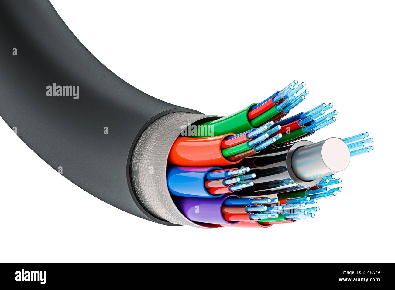 Cross section of fiber optical cable, 3D rendering isolated on white ...