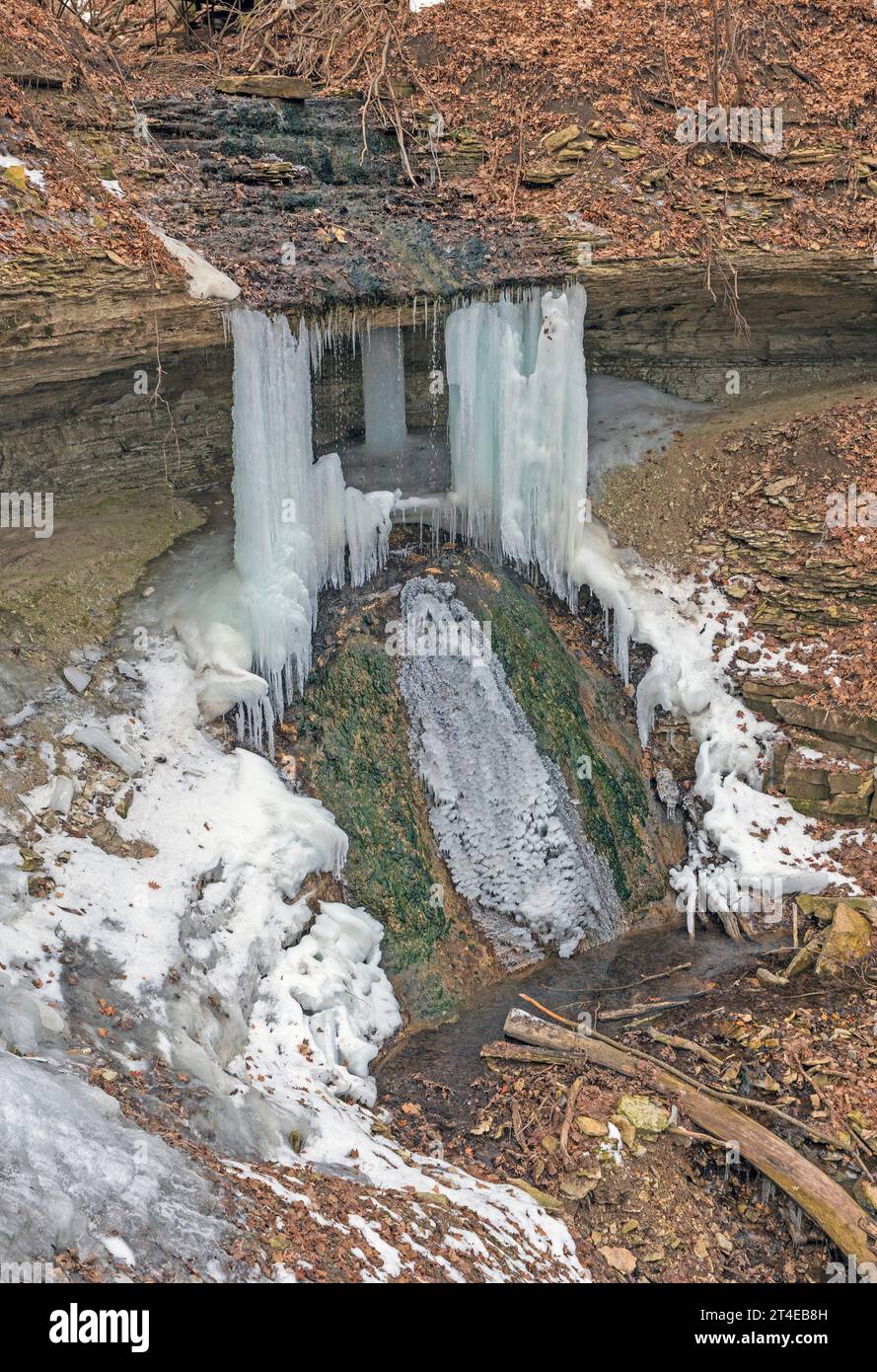Frozen Waterfall in the Woods in Pikes Peak State Park in Iowa Stock ...