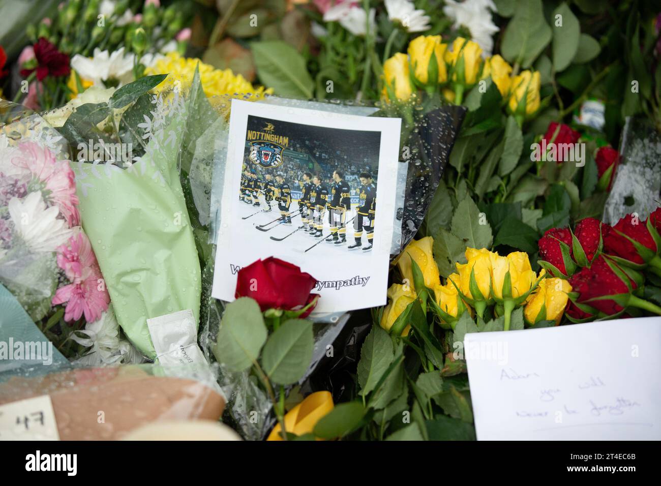 Nottingham, UK. 16th July, 2022. A memorial for Ice Hockey player Adam ...