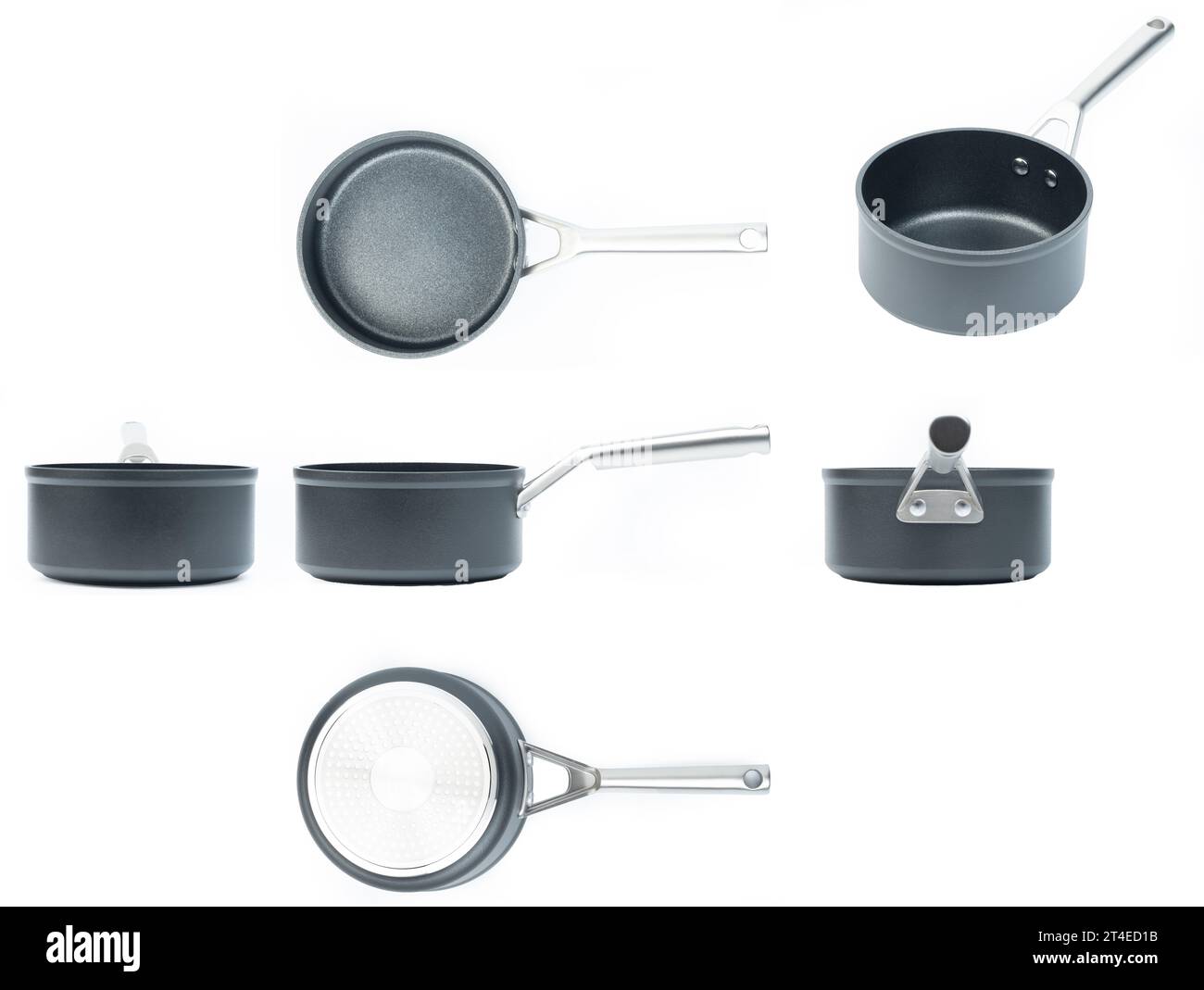 Different views of empty sauce pan isolated on white studio background ...