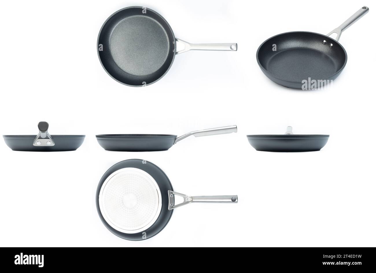 Different views of new fry pan isolated on white studio background ...